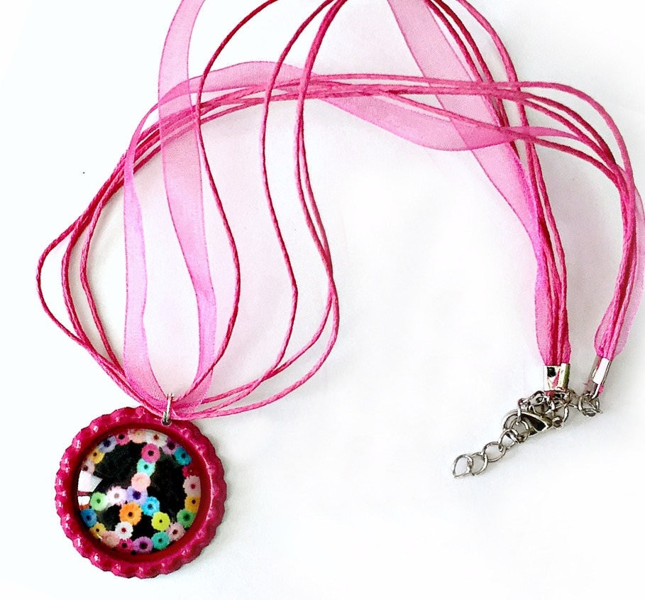 PEACE Sign Ribbon Necklace, Bottle Cap Hot Pink Ribbon Necklace With ...