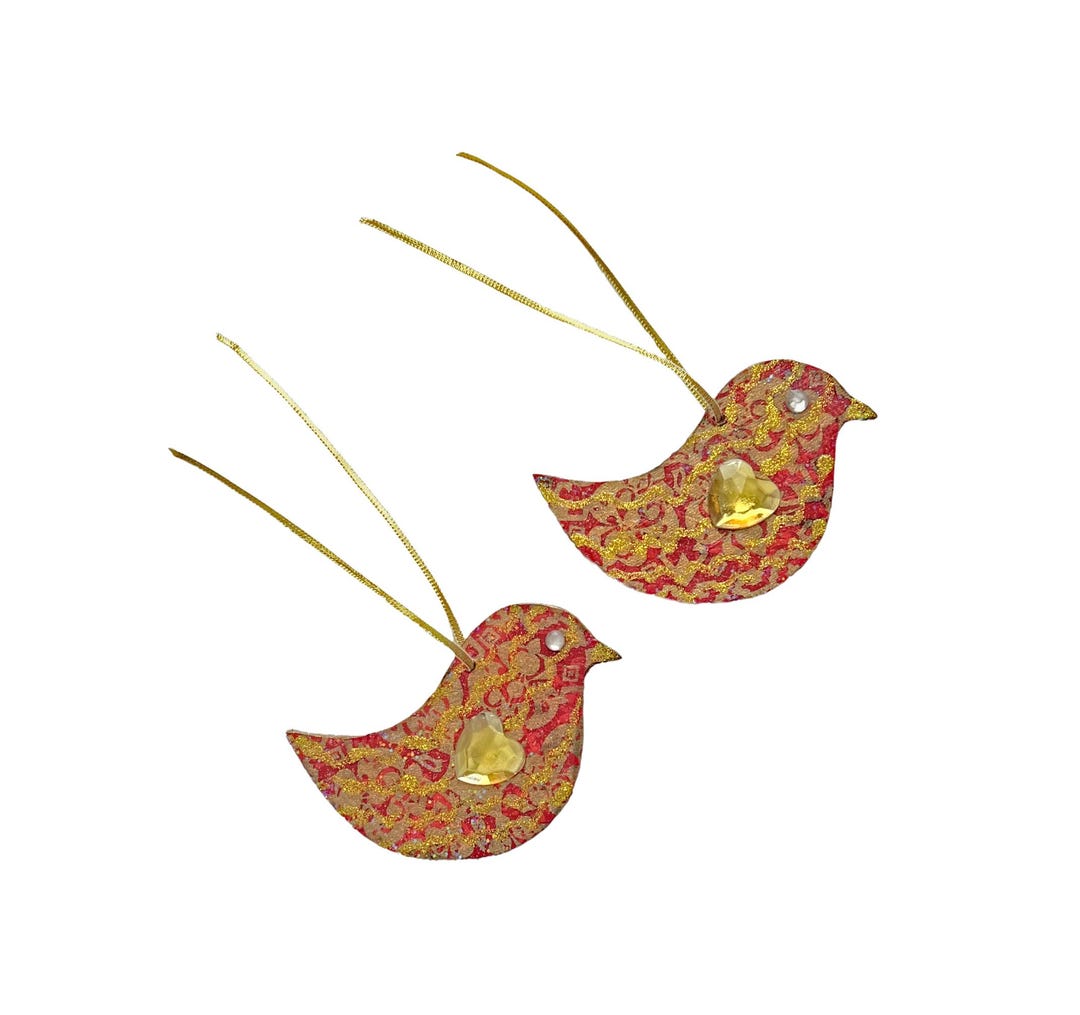 TWO Red Gold Bird Ornaments, Bird Ornament Set, Two Red and Gold Birds ...