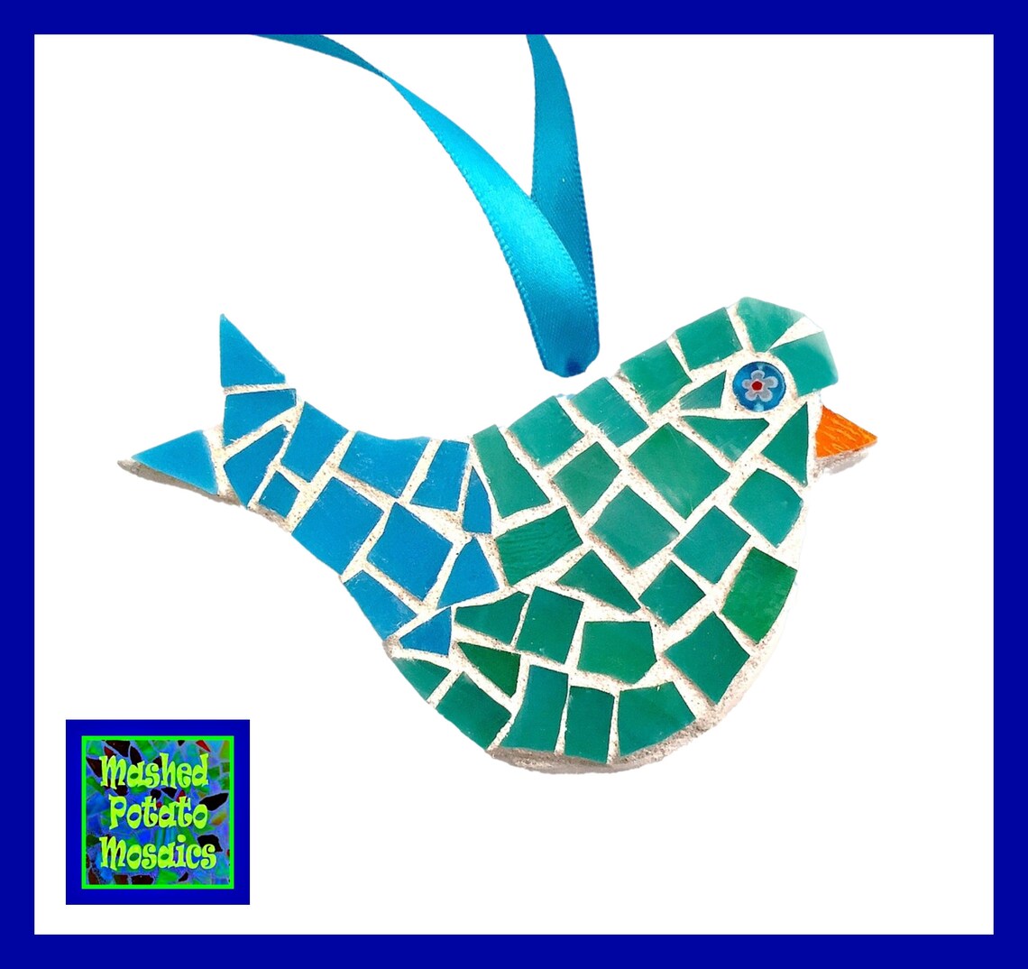 Mosaic Bluebird Ornament, Bisque Ware Hanging Bird Decor - Etsy