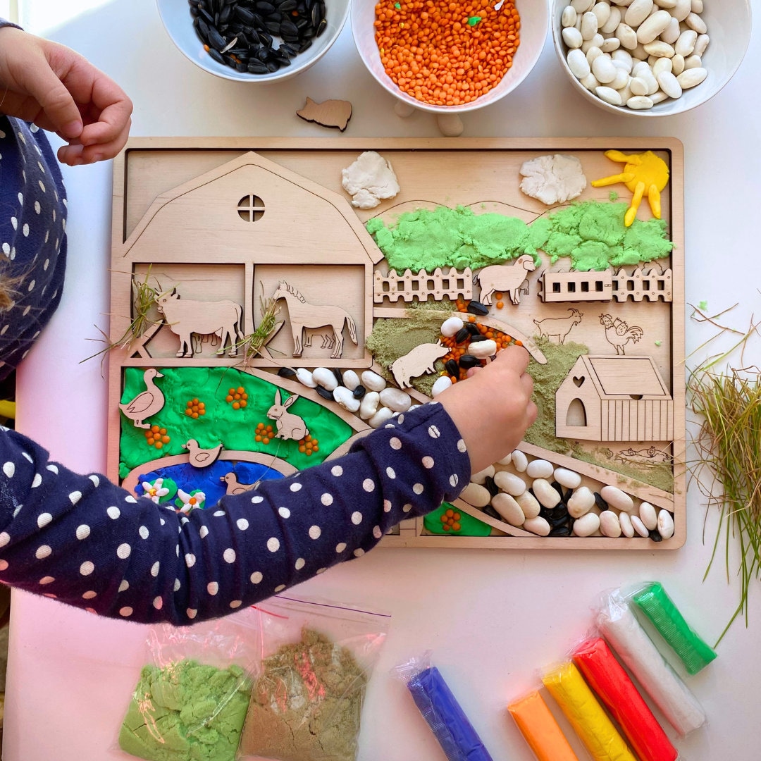 Wooden Play and Sorting Tray, Wooden Sensory Play Board Farm, Tactile ...