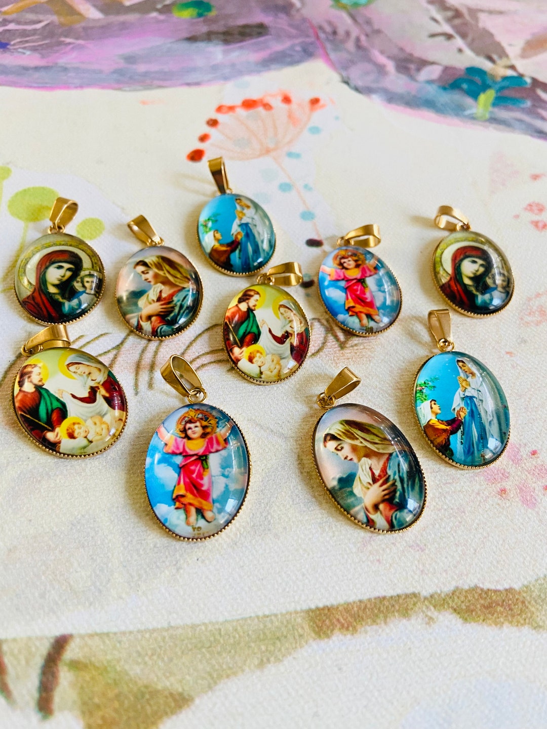 Lot Gold Catholic Medals-gold Sacred Heart Medal-virgin Mary, Catholic ...