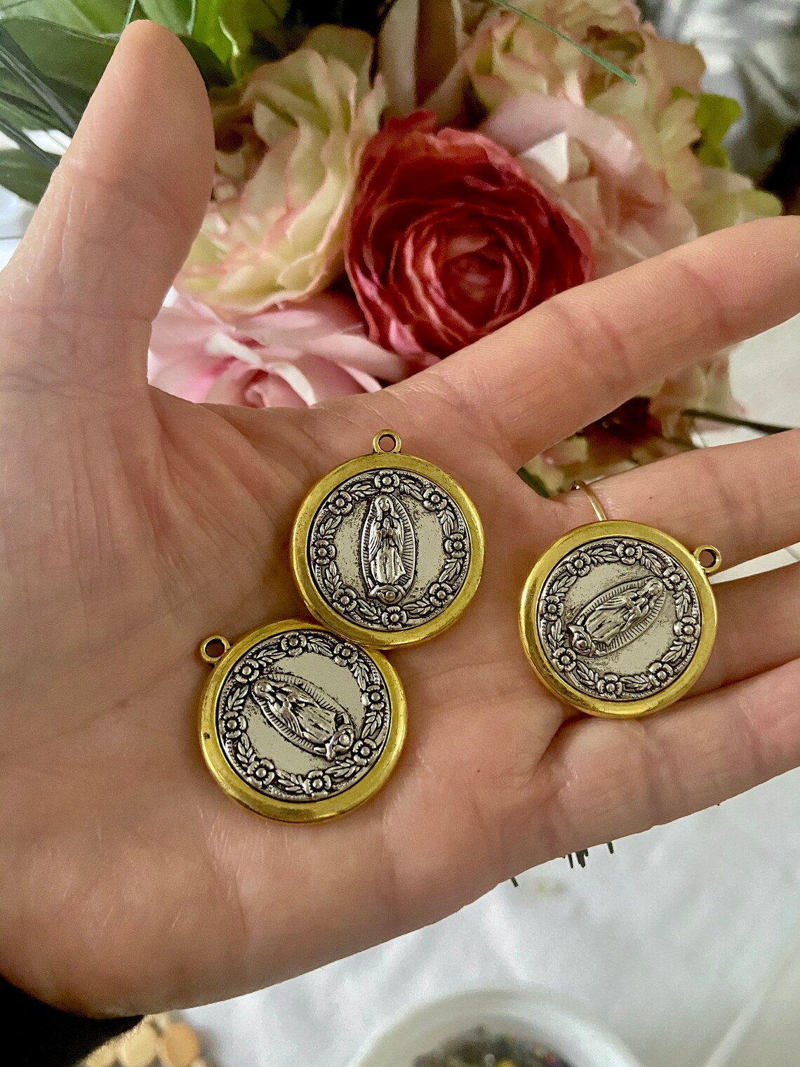 Mixed Metals 2 Tone Silver Gold Medallion Pendant-our Lady of | Etsy