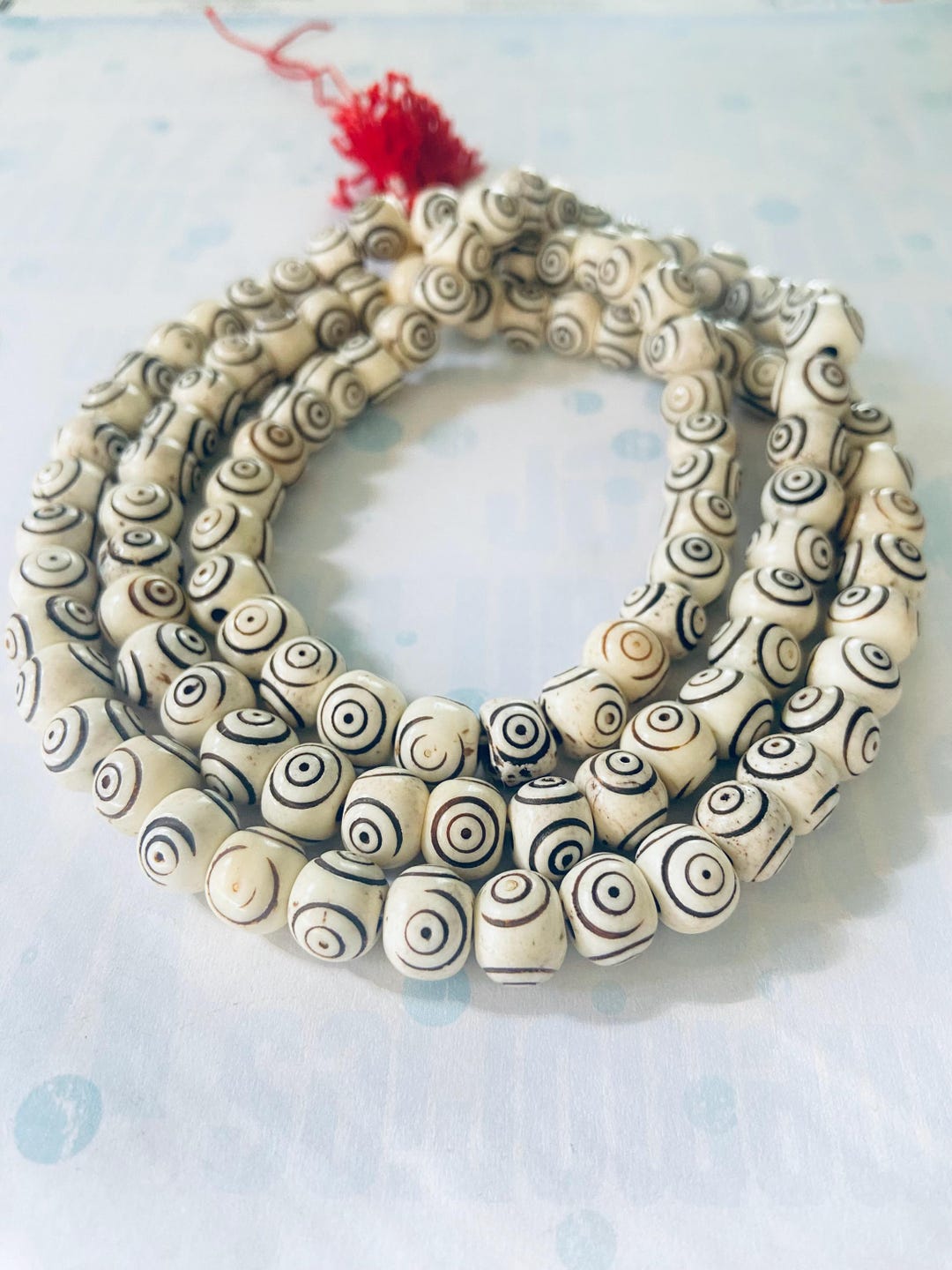 Mala Beads- Beige Polka Dots Evil Eye Tribal Bone Beads-rustic Nepalese ...