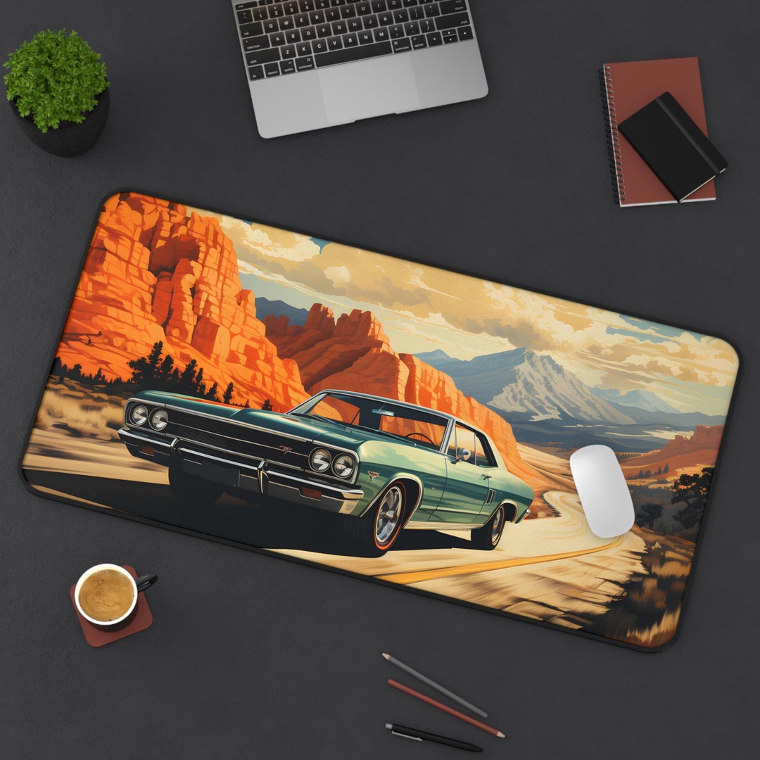 Retro Classic Muscle Car Deskmat, Desert Mountain Mouse Pad, Sunset ...