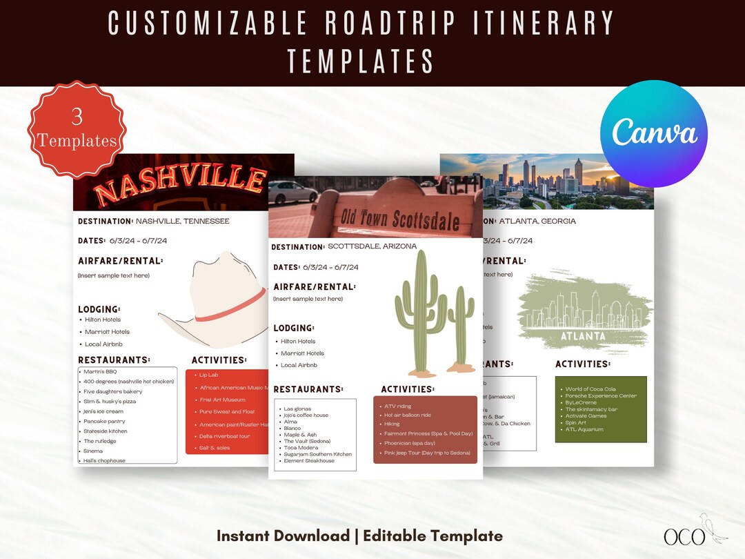 Road-trip Itinerary Digital Download Editable Canva Template - Etsy