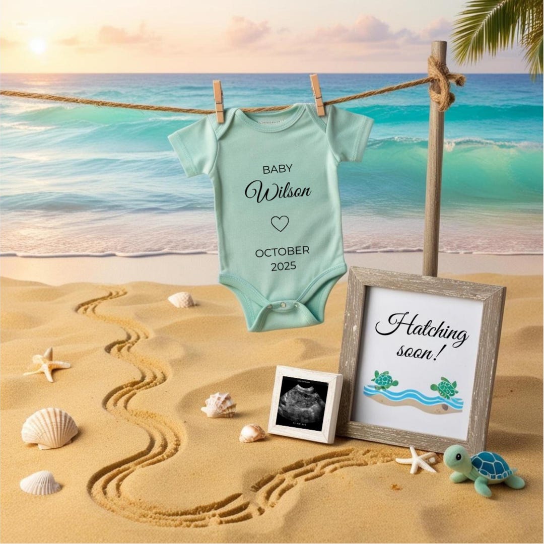 Editable Beach Pregnancy Announcement Baby Turtle Theme Digital Summer ...