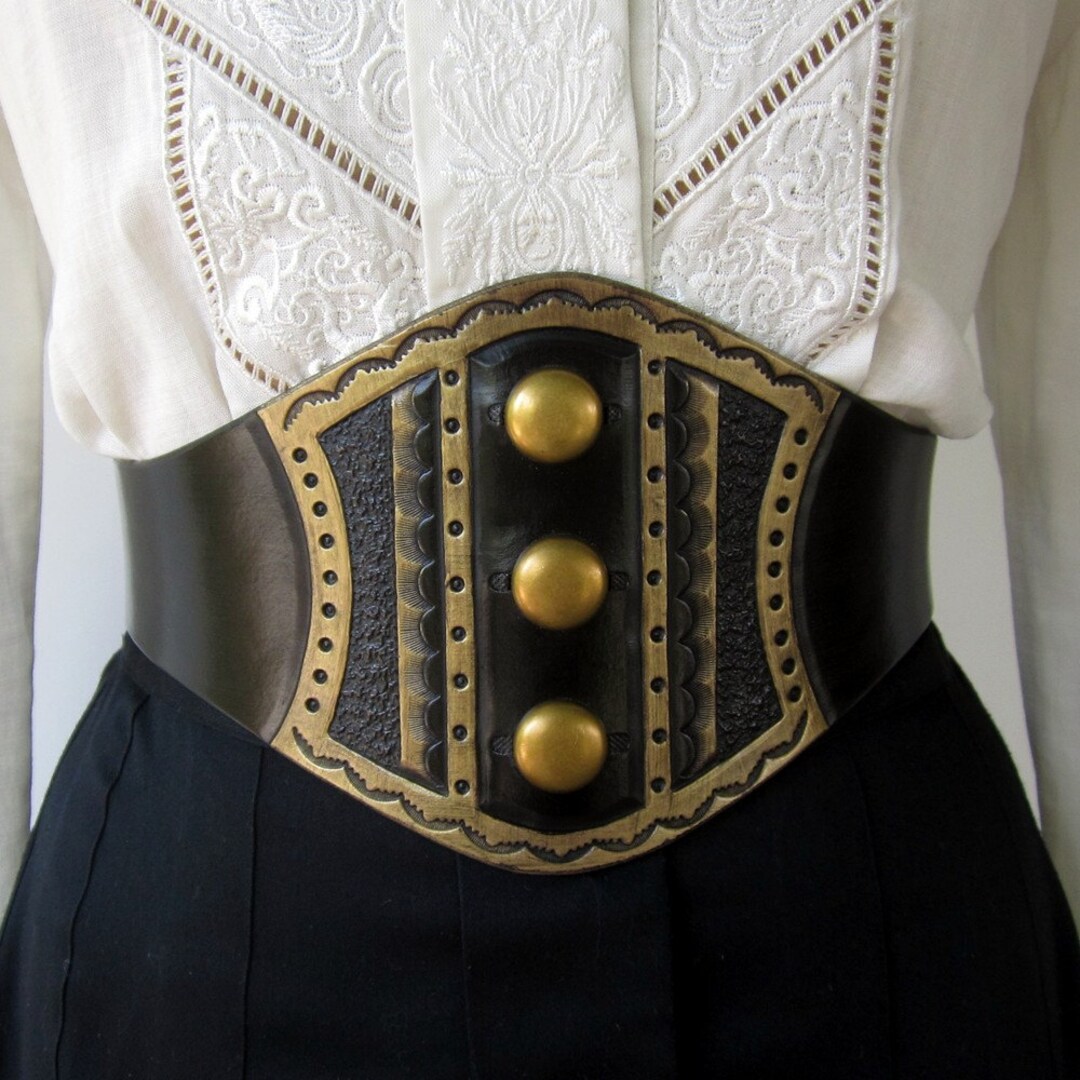 Darling Brass Studded Tooled Black Leather Wide Corset Laced Belt - Etsy