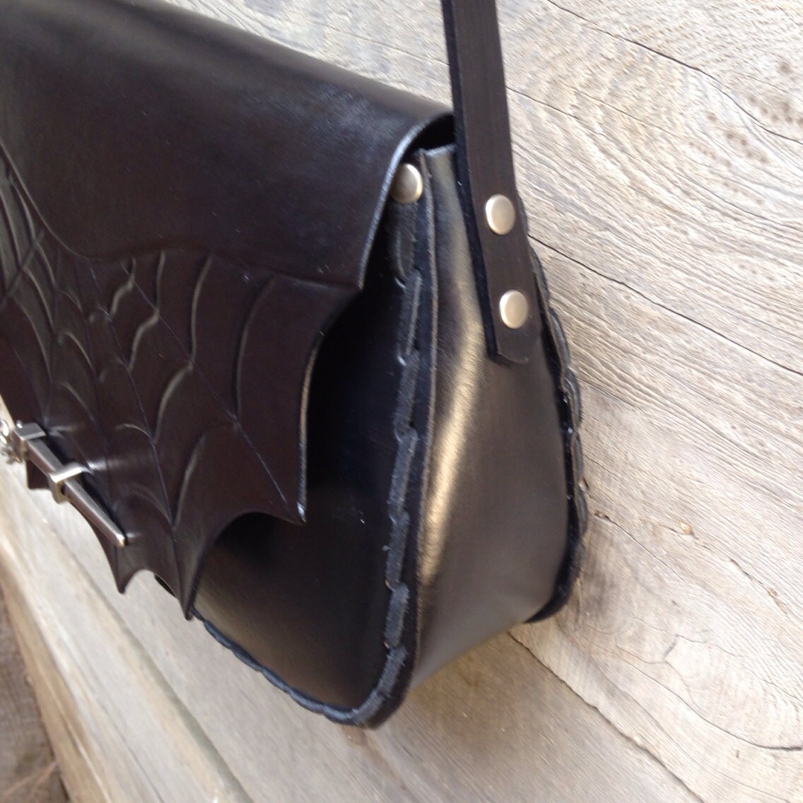 Spiderweb Purse With Strap Black Hand Tooled Leather | Etsy