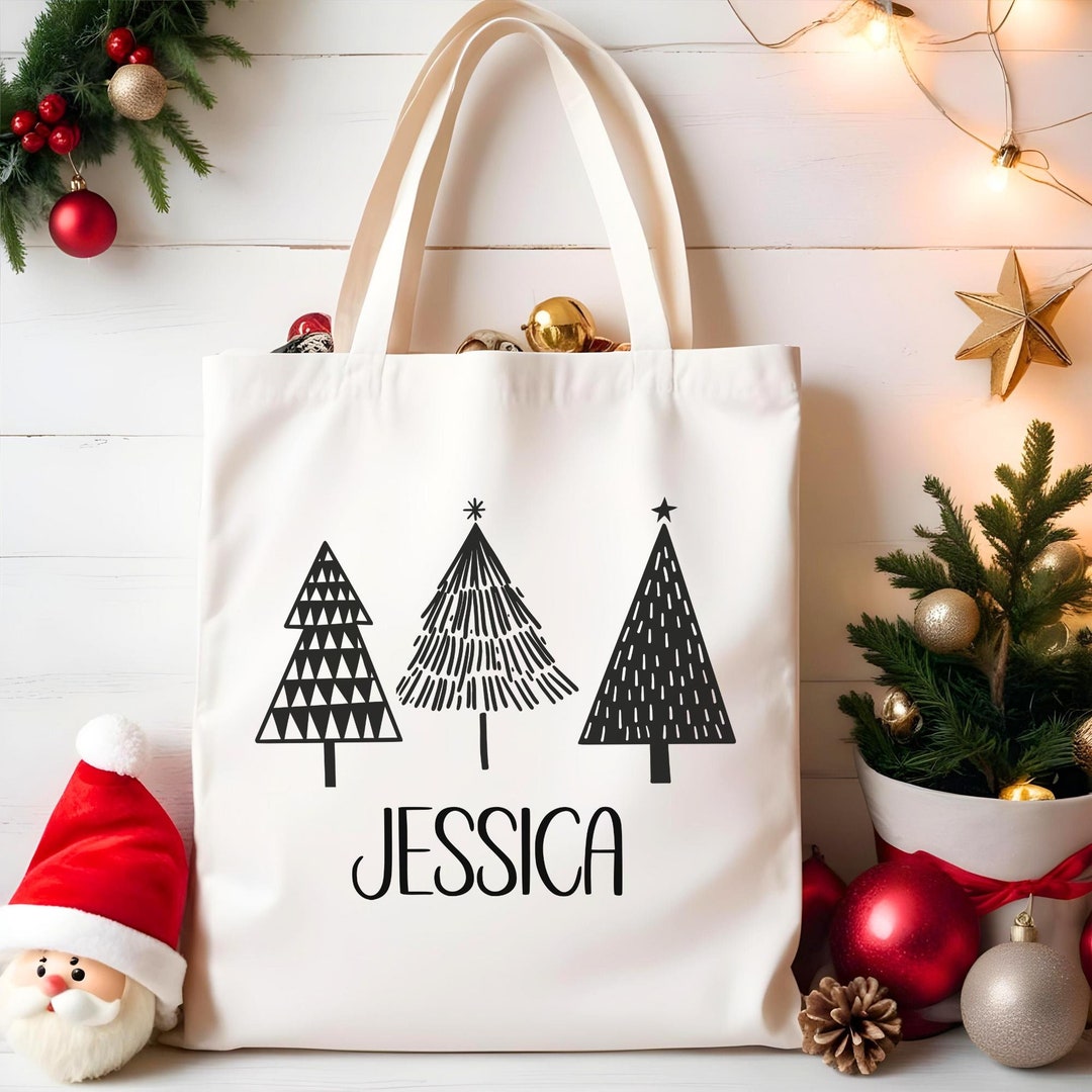 Personalized Christmas Tote Bag-black & White Trees, Holiday Gift Bag ...