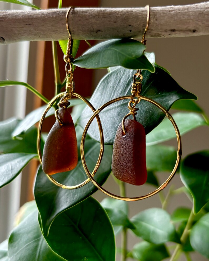 Genuine Sea Glass Gold Hoop Rich Brown Sea Glass Lake Michigan - Etsy