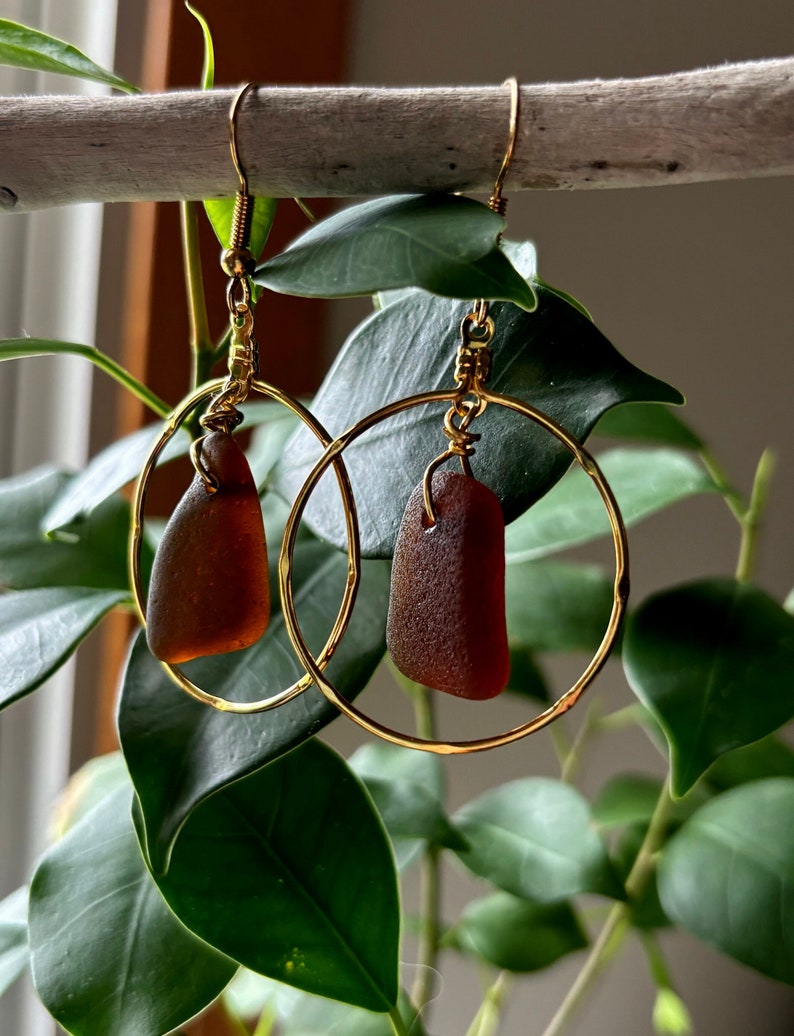 Genuine Sea Glass Gold Hoop Rich Brown Sea Glass Lake Michigan - Etsy