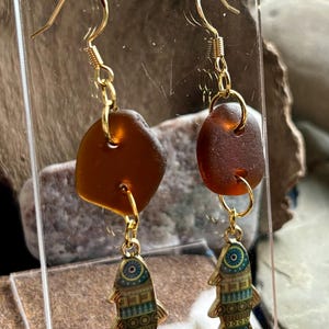 Lake Michigan Sea Glass Fish Earrings: Gold Charm Hook Earrings - Etsy