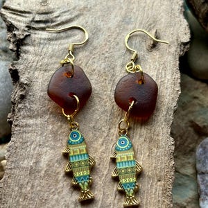 Lake Michigan Sea Glass Fish Earrings: Gold Charm Hook Earrings - Etsy
