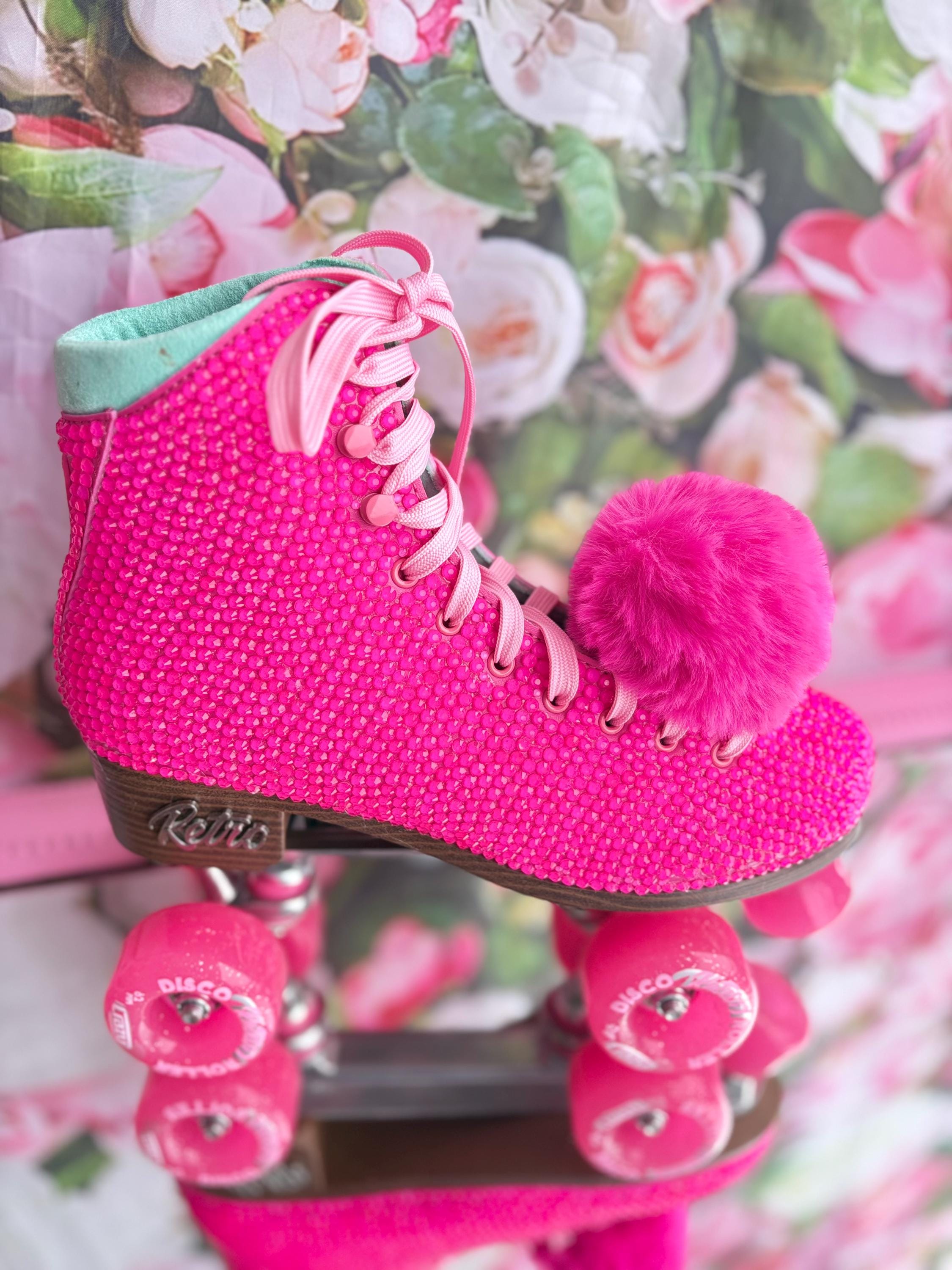 Hot Pink Bling Roller Skates With Pom Poms Sparkly Bedazzled Crystal ...