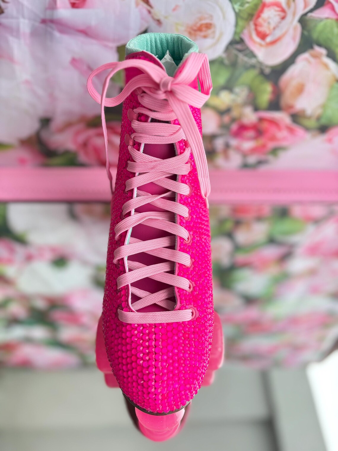 Hot Pink Bling Roller Skates With Pom Poms Sparkly Bedazzled Crystal ...