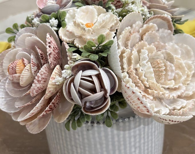 Handmade Seashell Flower Arrangement: Coastal Boho Centerpiece in Blue ...