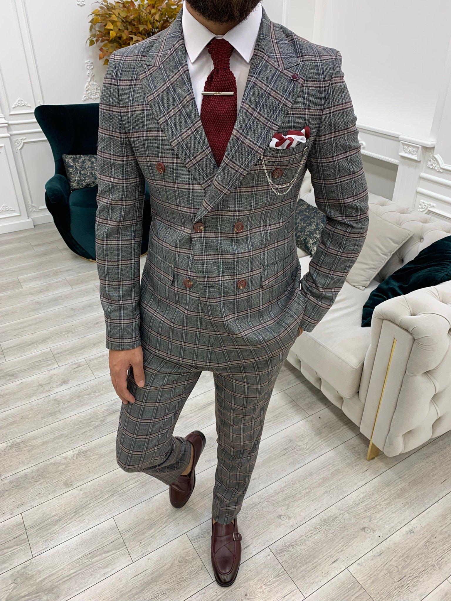 PİNK Plaid Double Breasted Suit Two Piece Jacket Pants Casual Wear ...