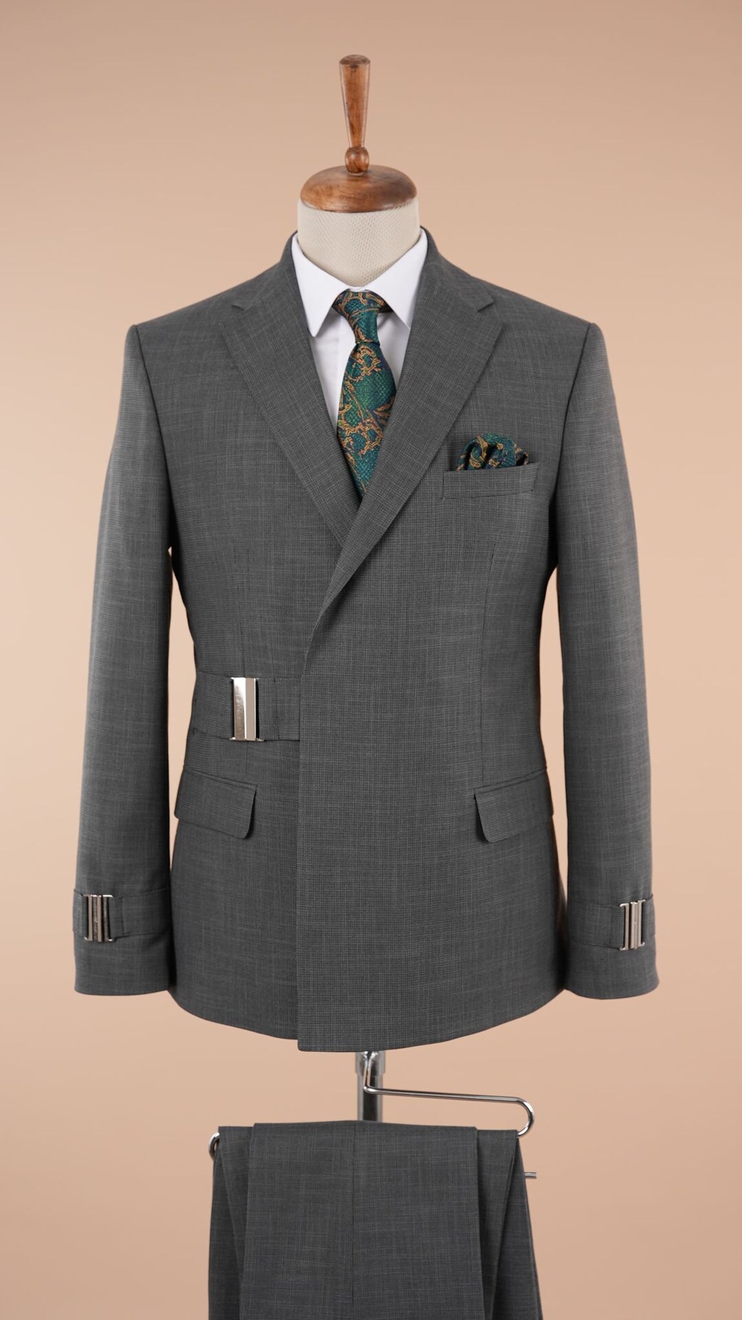 Men's Premium Suit Italian Style Jacket Trousers Metal Cuffs Wedding ...