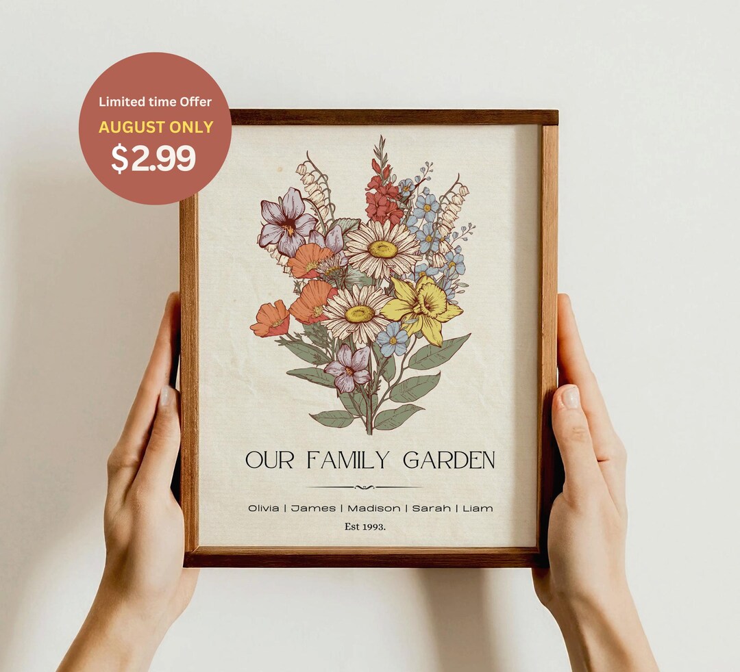 Birth Flower Family Bouquet, Birth Month Flower Art Custom, Hand Drawn ...