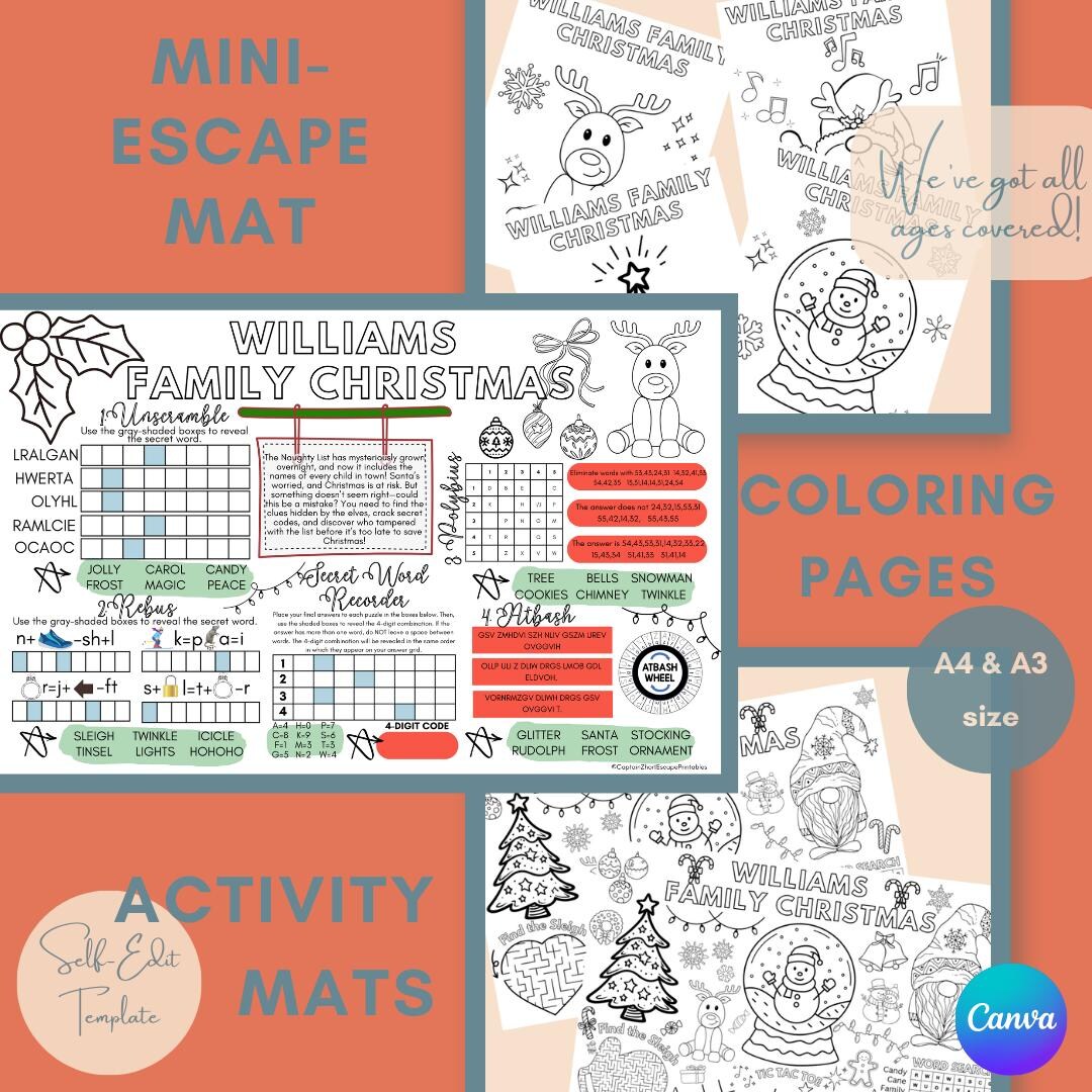 Editable Christmas Colouring Placemat, Mini Escape Printable for Kids ...