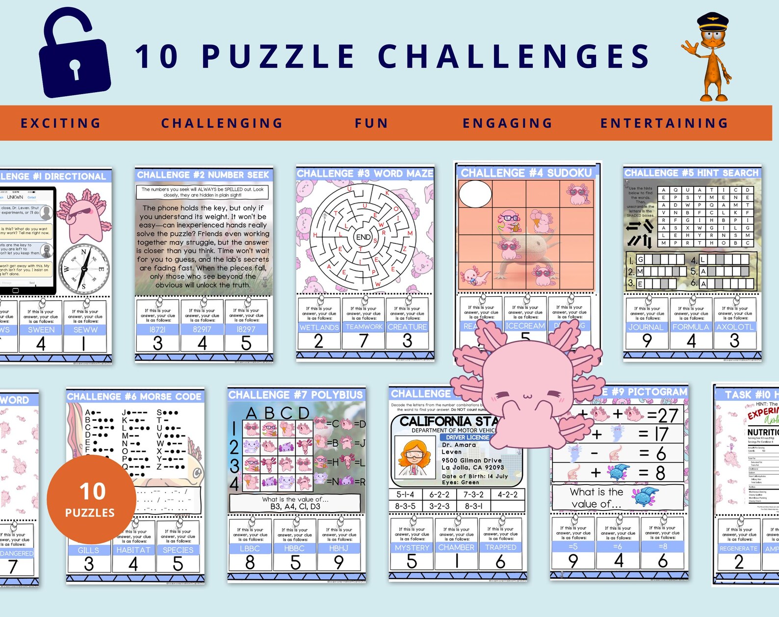 Escape Room Printable for Kids, Axolotl Party Game Activity, Axolotl ...