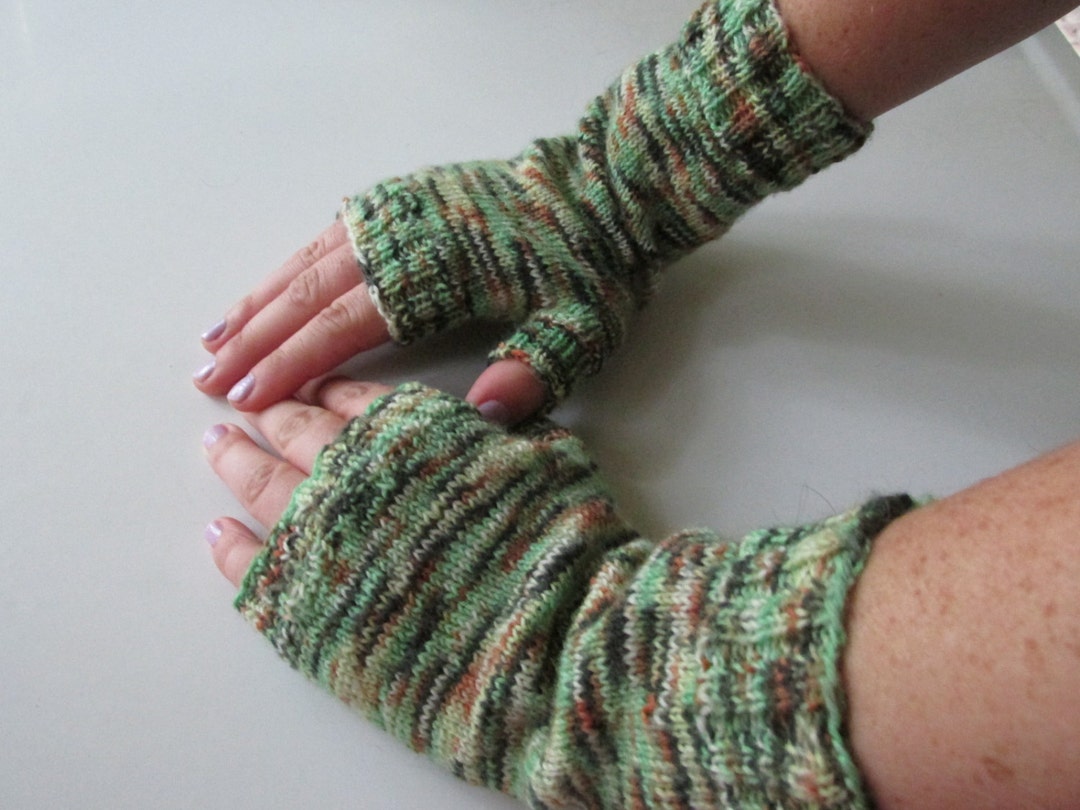 Hand Knit Women's Fingerless Mittens One of a Kind Unisex Green ...
