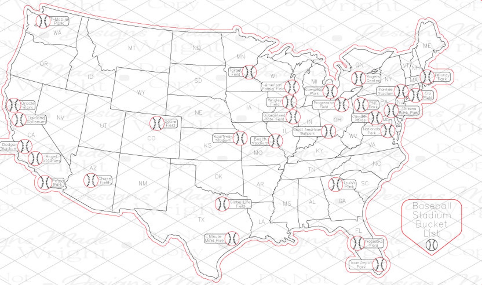Baseball Ballpark Stadium Bucket List Map - Laser Cut Digital File | AI ...