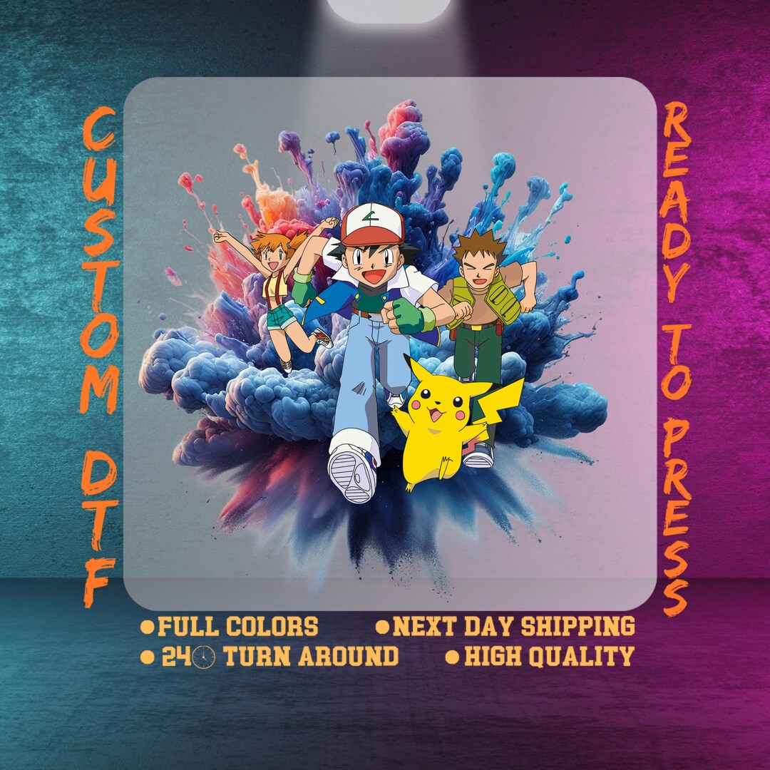 Poke-mon Splash Ash Ketchum Brook Misty Dtf Transfer, Pikachu Pokeball ...