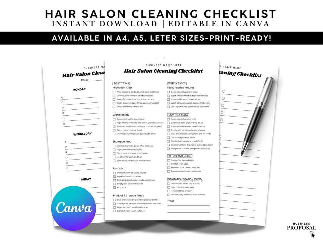 Hair Stylist Printable Cleaning Checklist Minimalist Daily Weekly ...