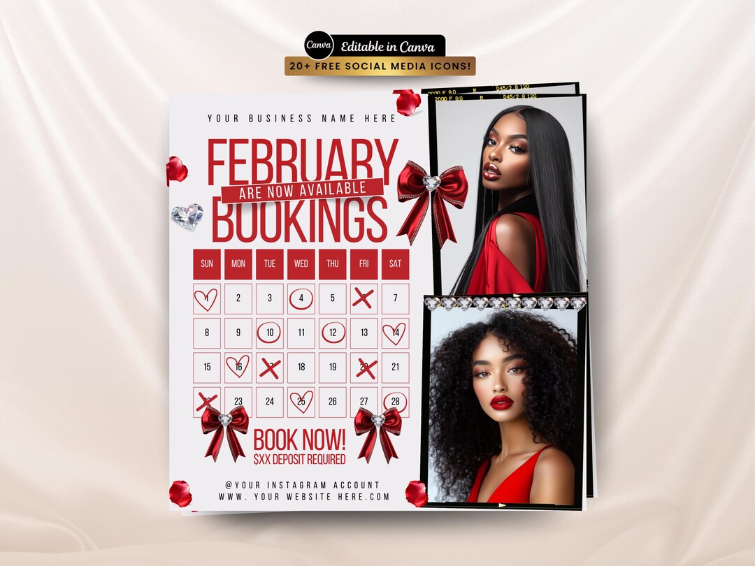 February Booking Calendar Flyer Template February Valentine's Day ...