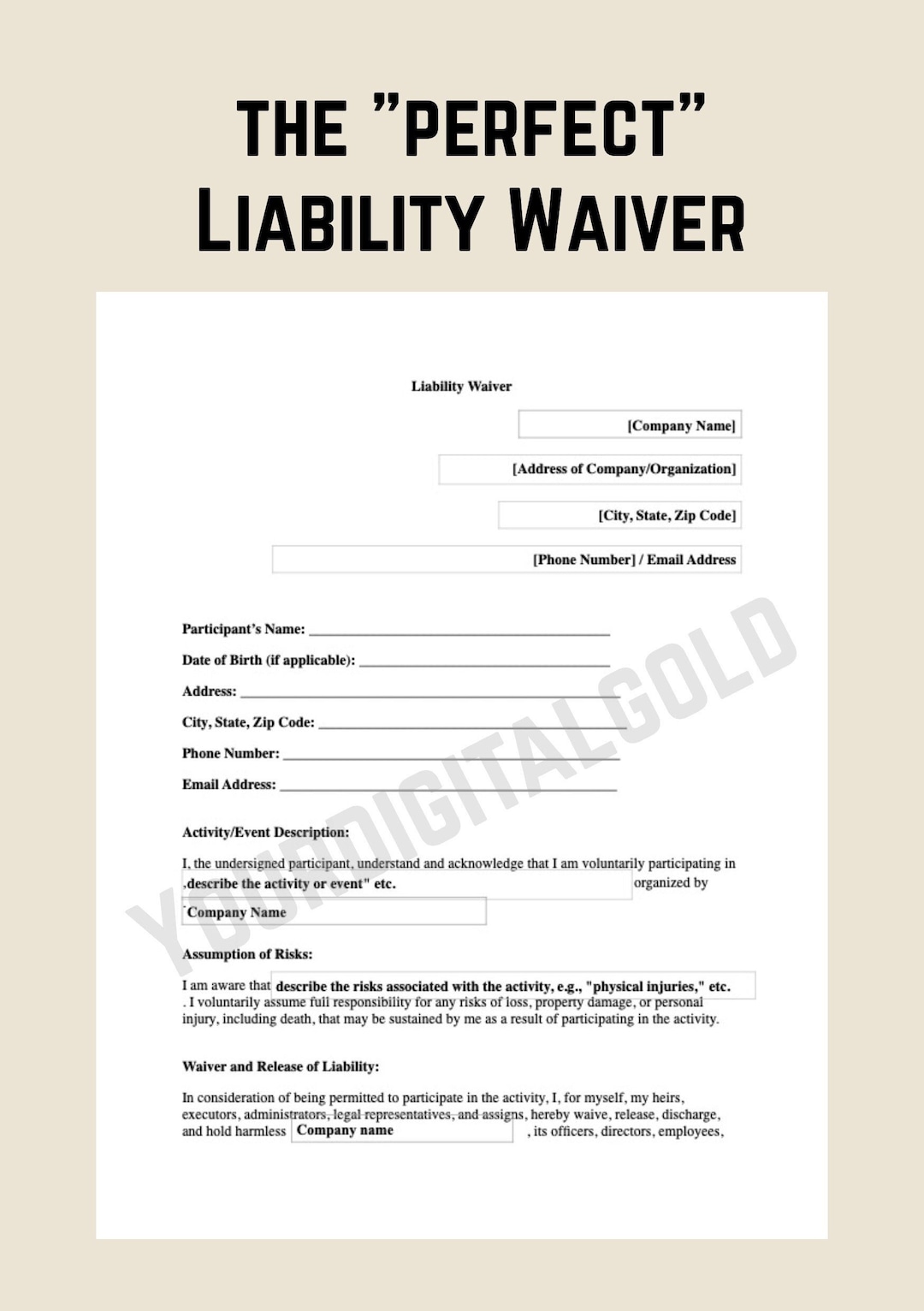 Editable Liability Waiver, Business Release of Liability Template ...