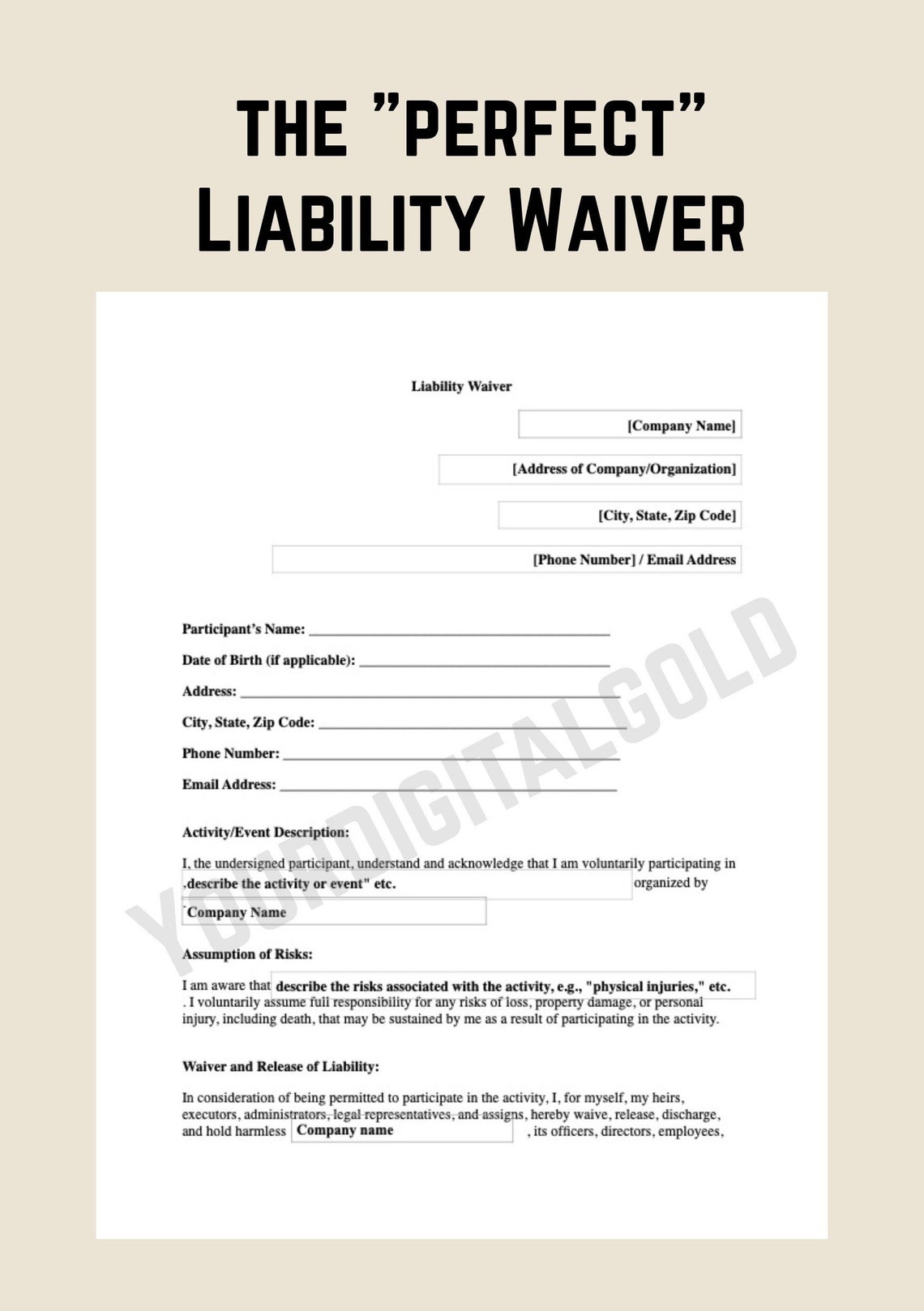 Editable Liability Waiver, Business Release of Liability Template ...