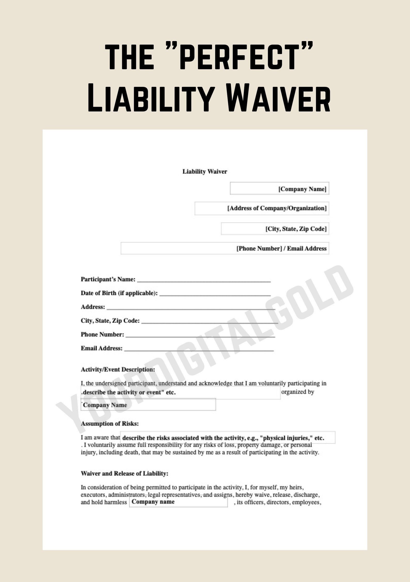 Editable Liability Waiver, Business Release of Liability Template ...
