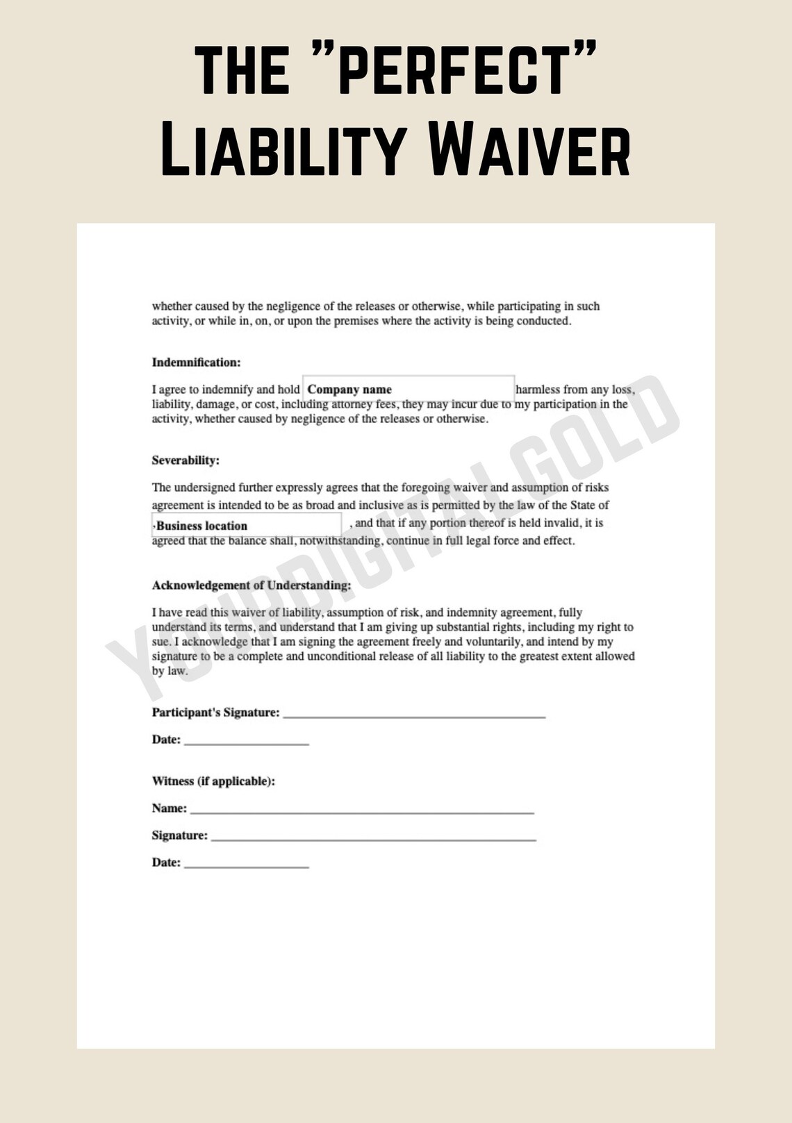 Editable Liability Waiver, Business Release of Liability Template ...