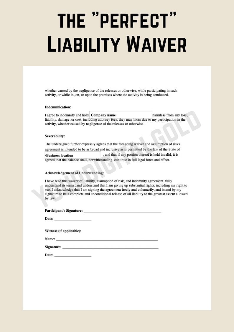 Editable Liability Waiver, Business Release of Liability Template ...