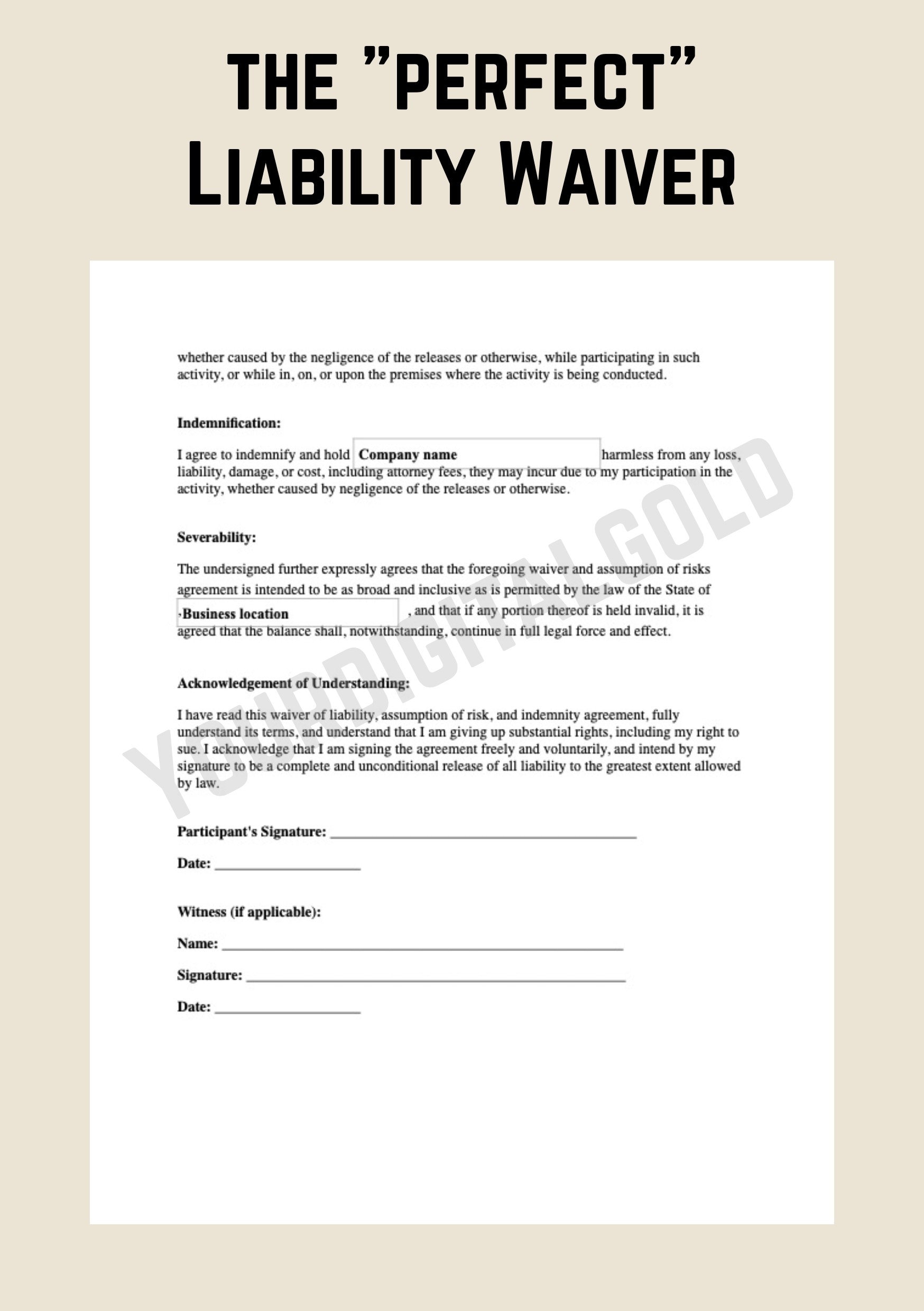 Editable Liability Waiver, Business Release of Liability Template ...