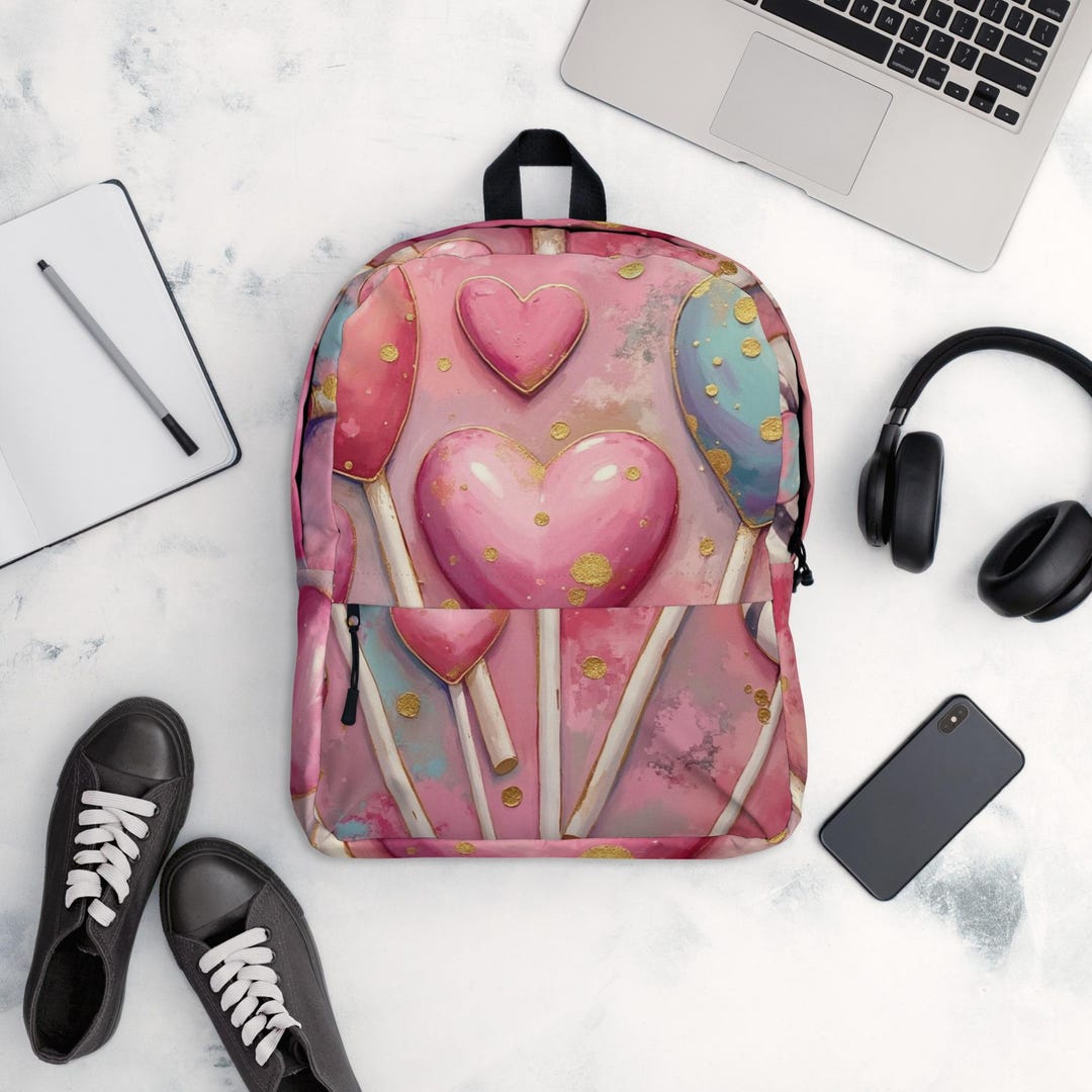 Cute Heart Lollipops Design Backpack, Colorful Candy Print Backpack ...