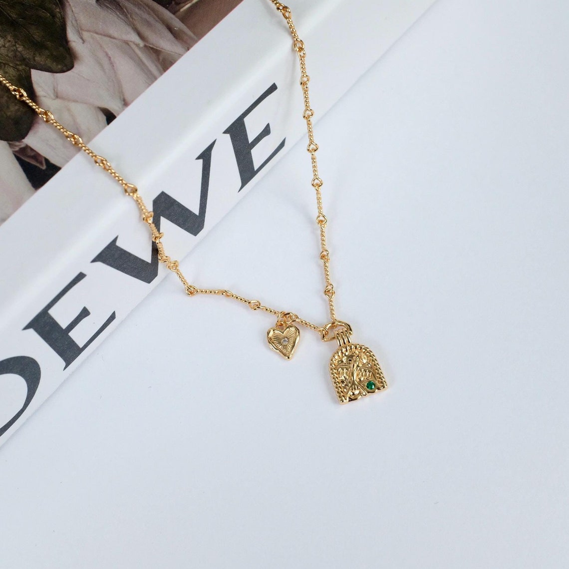 18K Gold Totem Pendant Necklace, Green Zirconia Heart Charm, Gift for ...