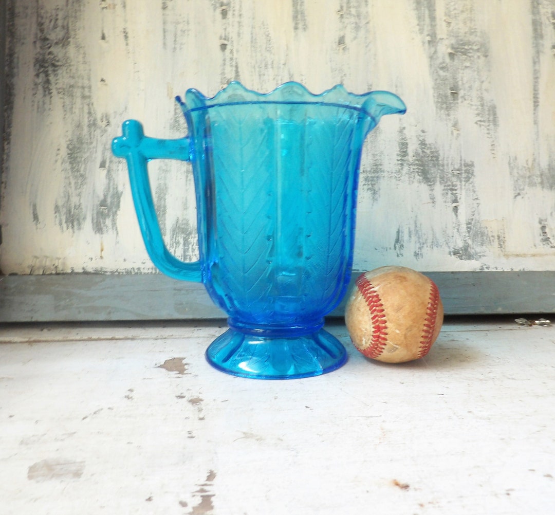 Vintage EAPG Bright Blue Glass Pitcher Colonial Capri Blue Paneled Leaf ...