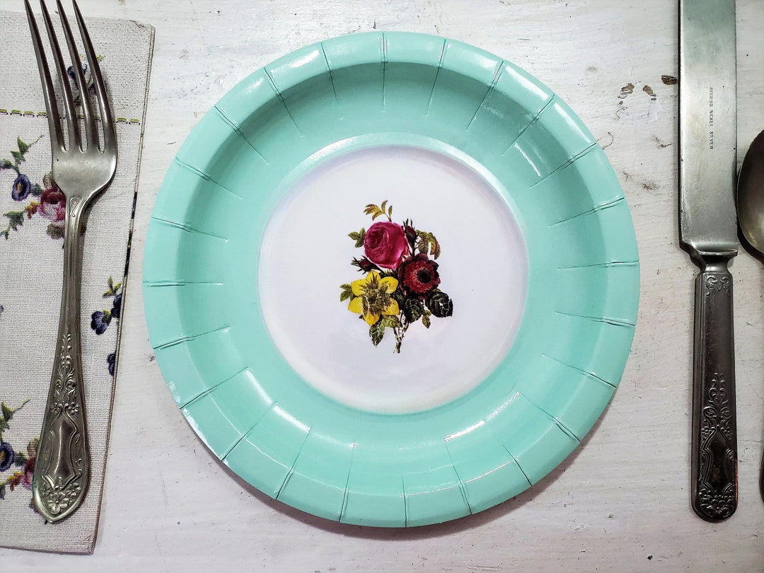 Faux China Paper Plates 8 Pack 7 Inch Aqua Floral Rose Dining Party ...
