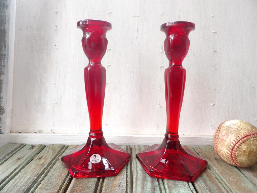 PAIR Vintage Fenton Ruby Red Candlestick Holders Florentine Hexagon ...
