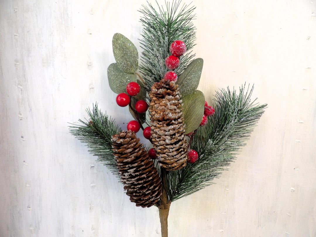 19" Iced Pine, Cone and Red Berry Branch Stem Pick Spray , Artificial ...