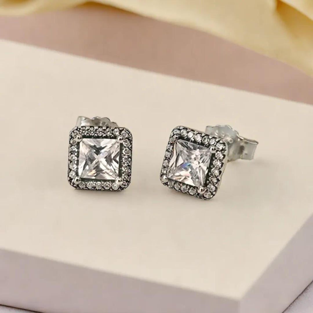 Square Halo Stud Earrings, Everyday Elegance, Sterling Silver Square ...