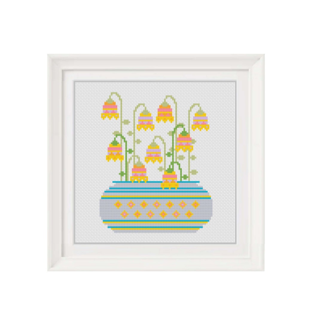 Flower Pot Cross Stitch Chart: Modern Floral Embroidery 8 Inch. 20cm ...