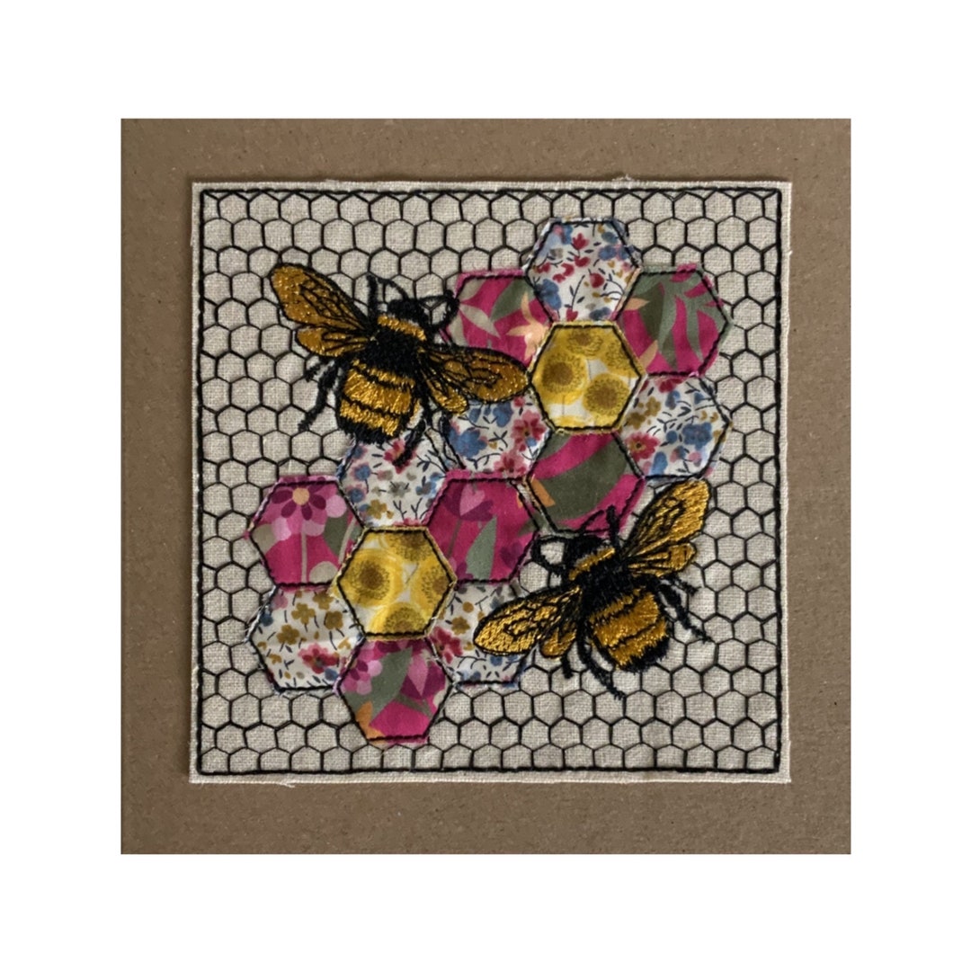 Bees Card, Textile Bee Card, Hexies Applique Card, Stitched Bee Blank ...