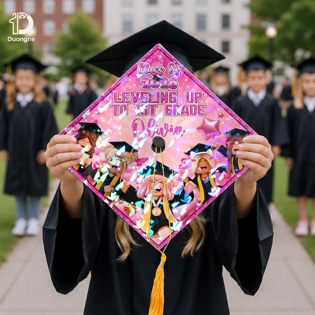 Personalized Gamer Girl Graduation Cap Topper, Pink Leveling up Decor ...