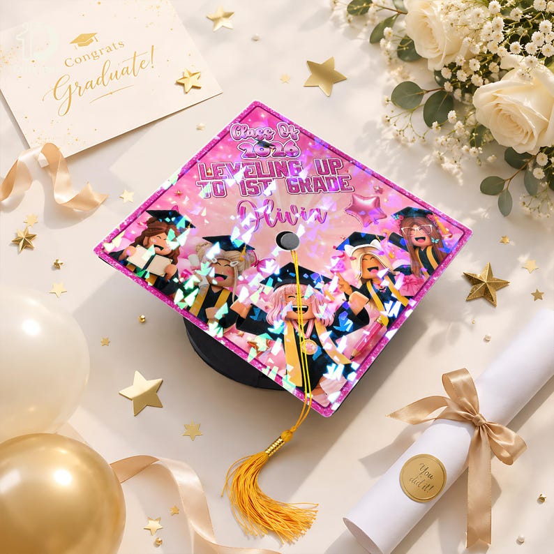 Personalized Gamer Girl Graduation Cap Topper, Pink Leveling up Decor ...