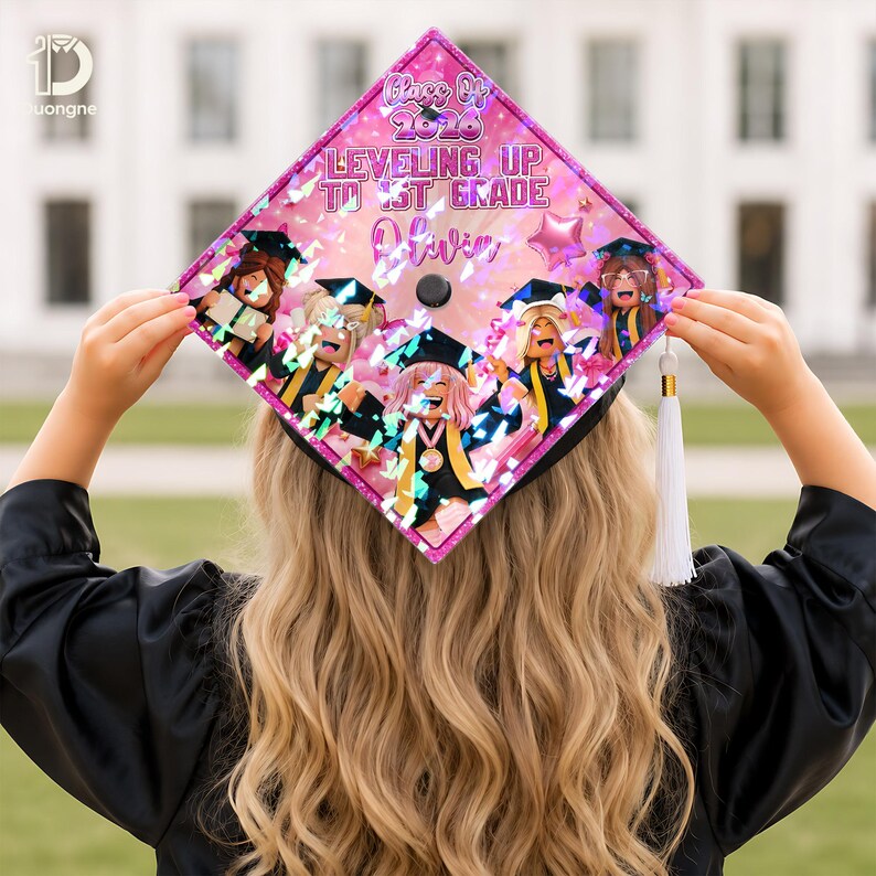 Personalized Gamer Girl Graduation Cap Topper, Pink Leveling up Decor ...