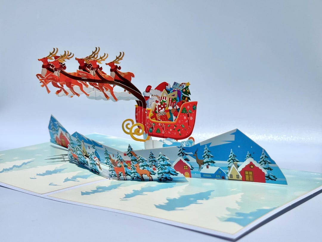 Reindeers and Santa Claus 3D Pop up Card, Xmas 3D Pop up Card, Paper ...