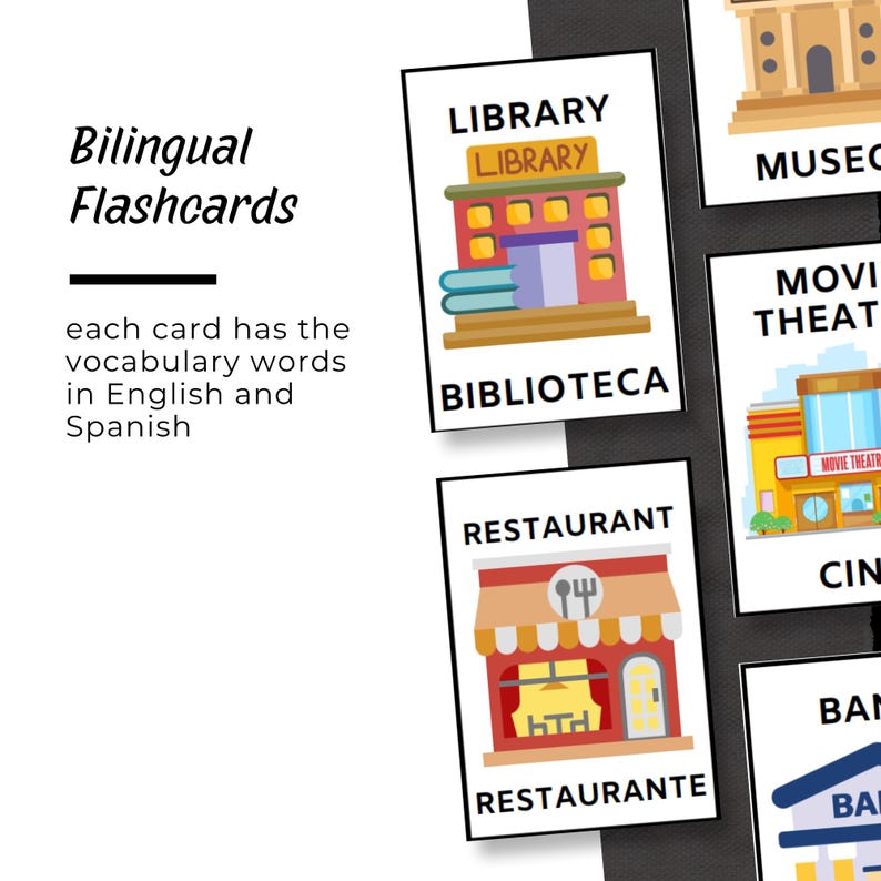 Bilingual English and Spanish Vocabulary Flashcards, Places in the City ...